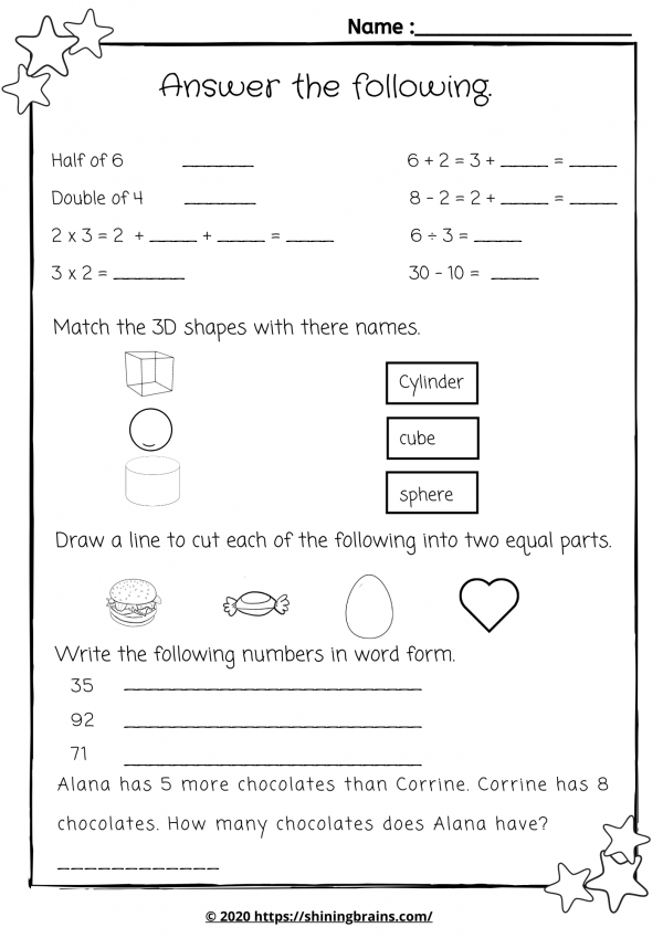 Year1 Math Worksheet | Year1 & Year2 Mental Maths