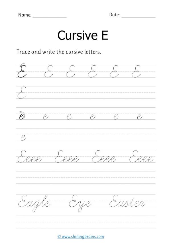 Cursive e - Free cursive writing worksheet for small and capital e practice