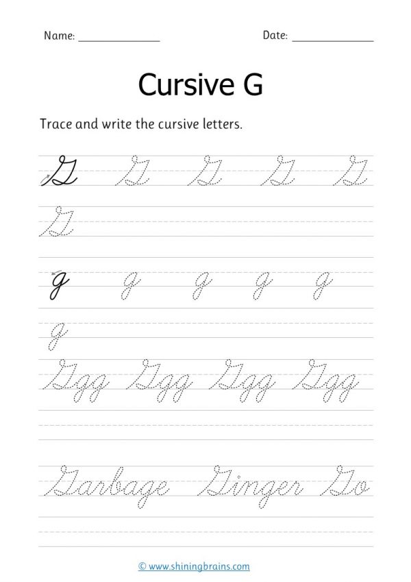 Cursive g - Free cursive writing worksheet for small and capital g practice