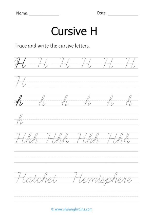 Cursive h - Free cursive writing worksheet for small and capital h practice