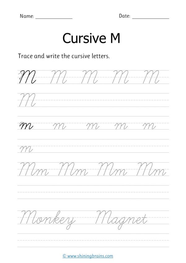 Cursive m - Free cursive writing worksheet for small and capital m practice