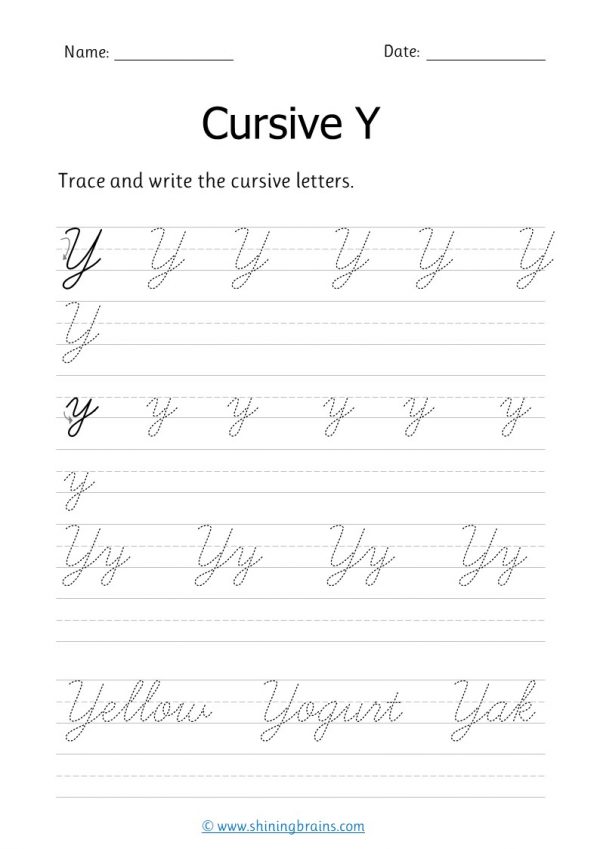 Cursive y - Free cursive writing worksheet for small and capital y practice